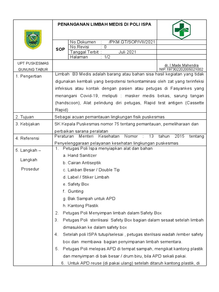 SOP Penanganan Limbah Medis Di Poli Ispa | PDF