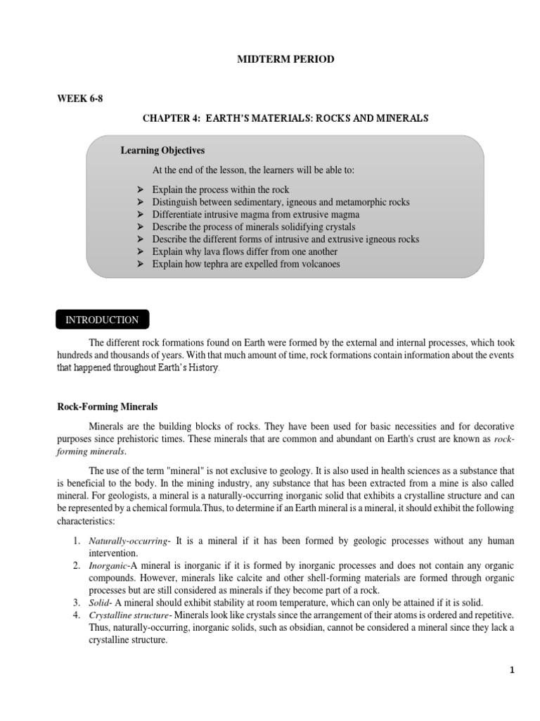 WEEK 6-8 Chapter 4: Earth'S Materials: Rocks and Minerals: Midterm ...