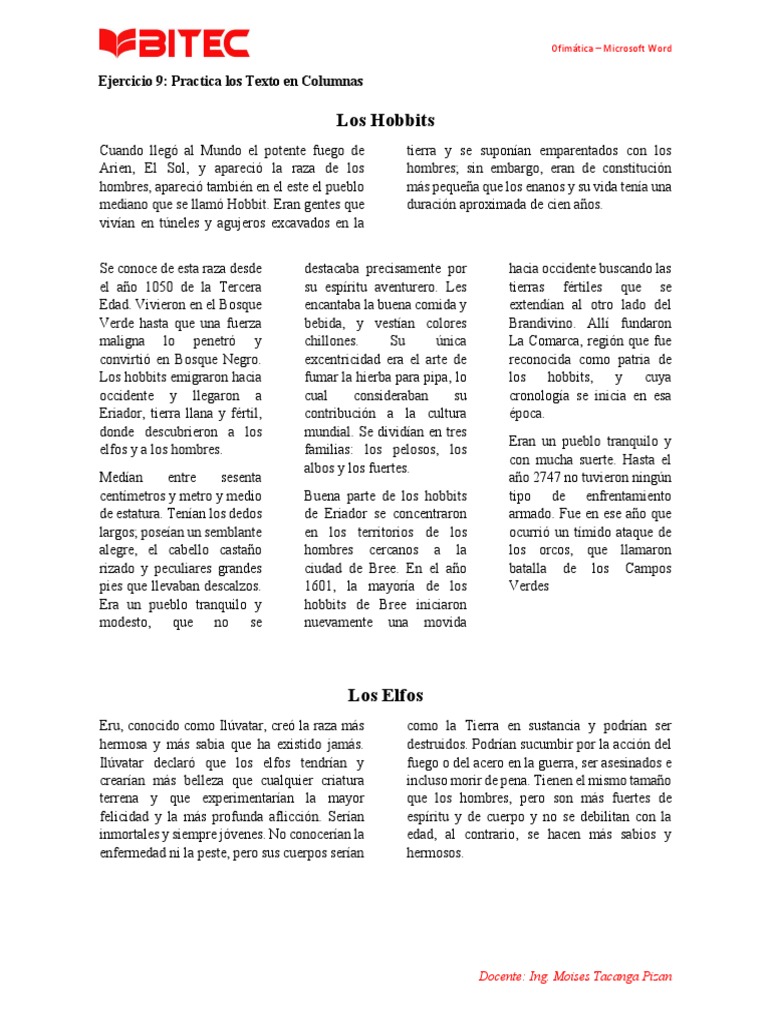 Ejercicio Con Textos en Columnas | PDF | Hobbit | Tierra Media