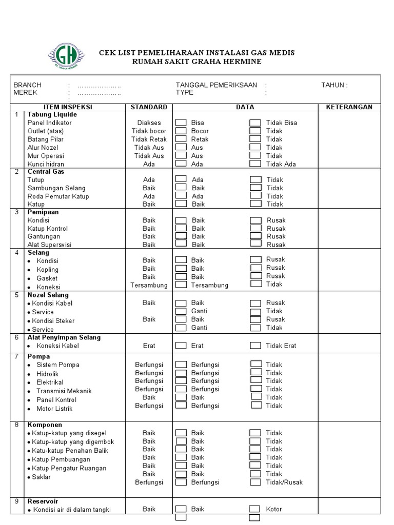 Ceklist Pemeliharaan Gas Medis | PDF