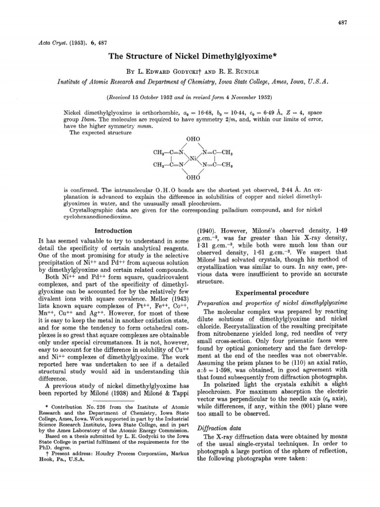 The Structure of Nickel Dimethylglyoxime : Chs - C N / N C - C H S ...