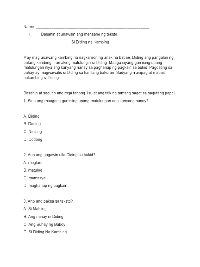 Worksheets Pagsasabi NG Mensahe Paksa o Tema Sa Patalastas Kuwentong ...