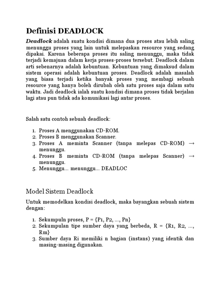 Definisi DEADLOCK: Deadlock Adalah Suatu Kondisi Dimana Dua Proses Atau Lebih Saling | PDF