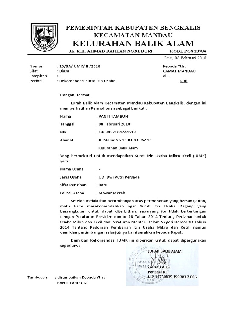 Rekomendasi IUMK Kecamatan Mandau | PDF