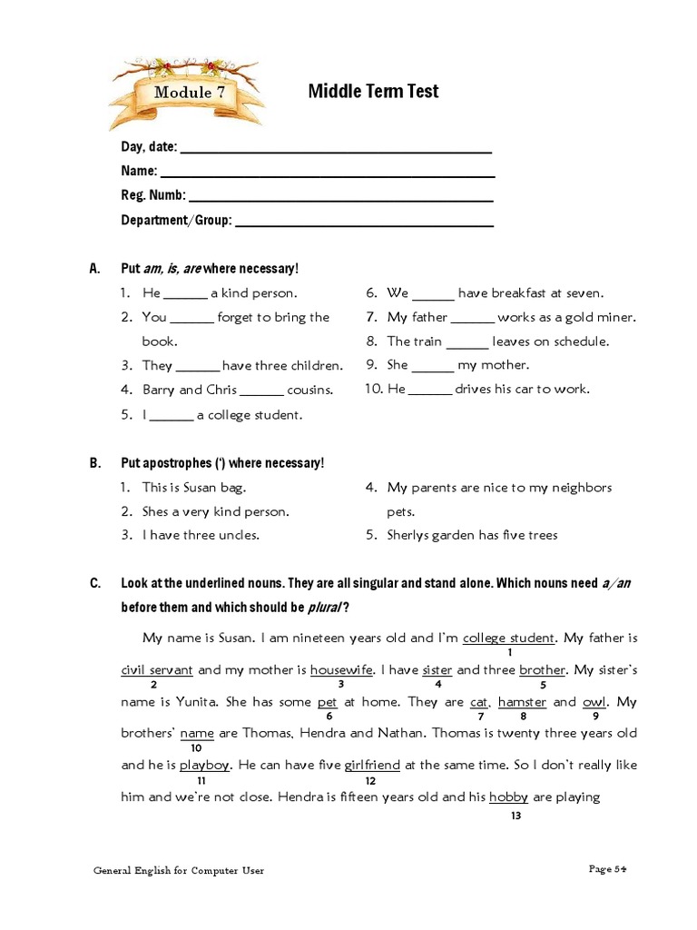 Middle Term Test: General English Module | PDF | Grammar | Languages