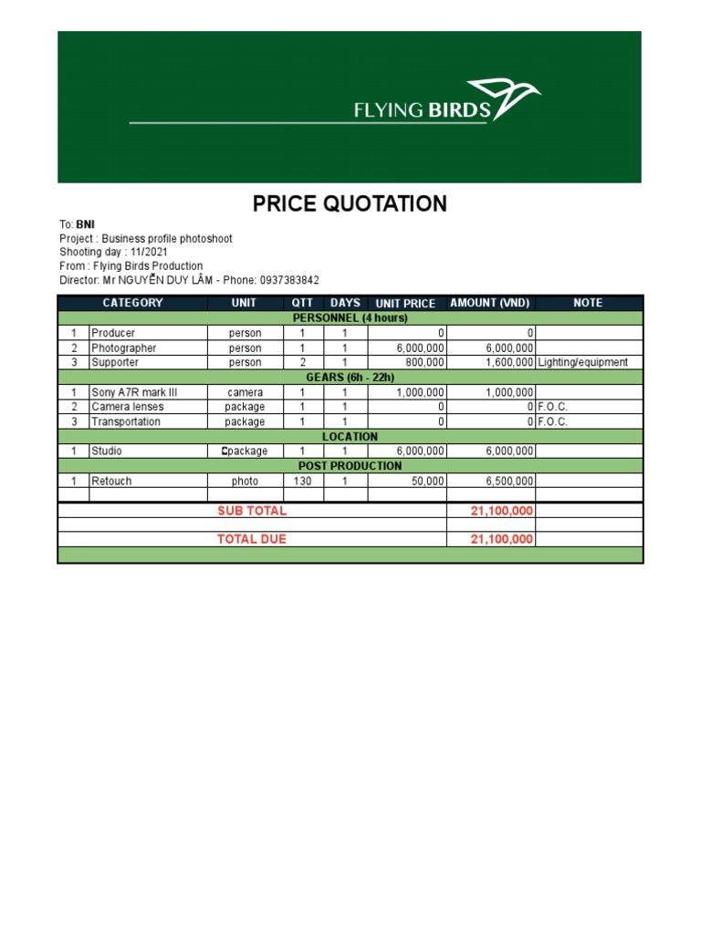 Price Quotation: Category Unit QTT Days Unit Price (VND) Amount (VND ...
