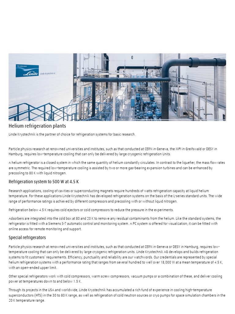 Helium Refrigeration Systems by Linde | PDF | Cryogenics | Refrigeration
