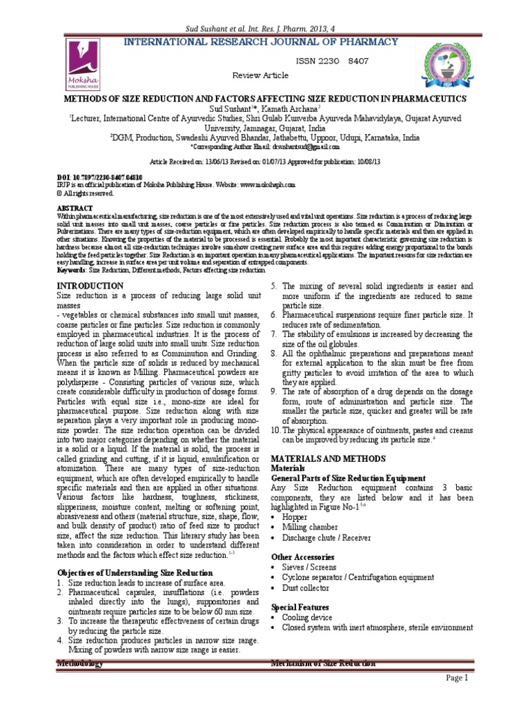 METHODS OF SIZE REDUCTION AND FACTORS AFFECTING SIZE REDUCTION IN ...