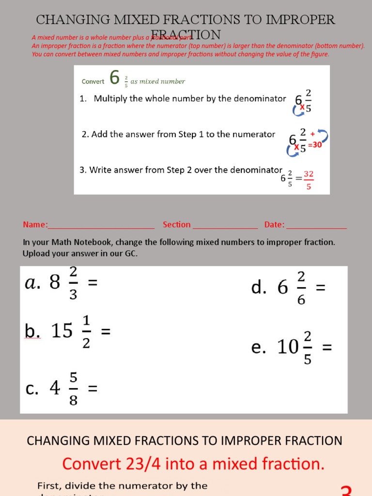 Changing Mixed Fractions To Improper Fraction | PDF | Teaching Methods ...