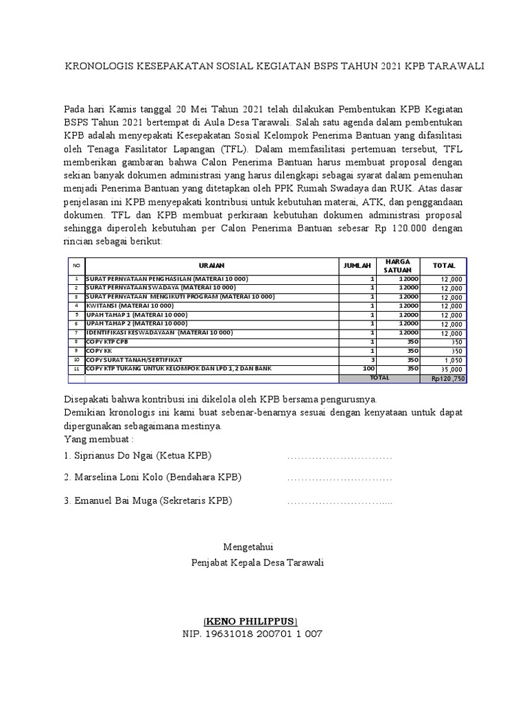 Kronologis Kontribusi Proposal | PDF | Pengelolaan Keuangan & Uang | Griya & Taman