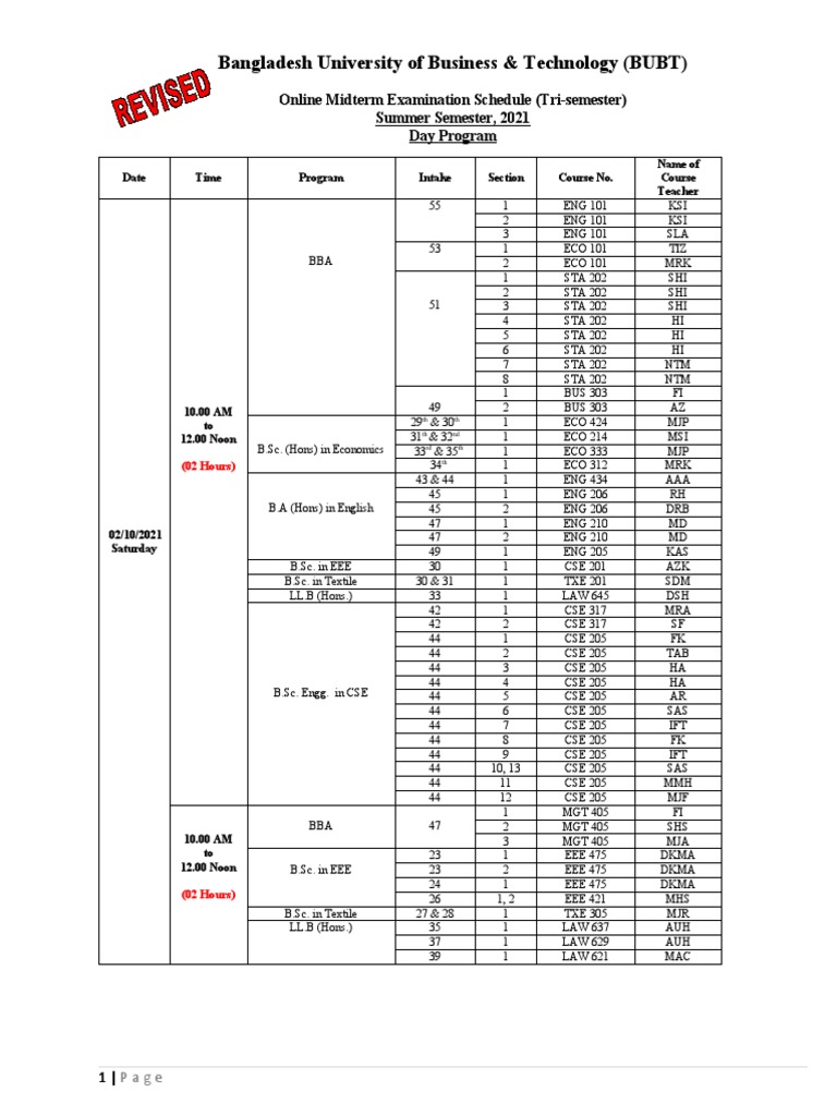 BUBT Midterm Exam Schedule 2021 | PDF
