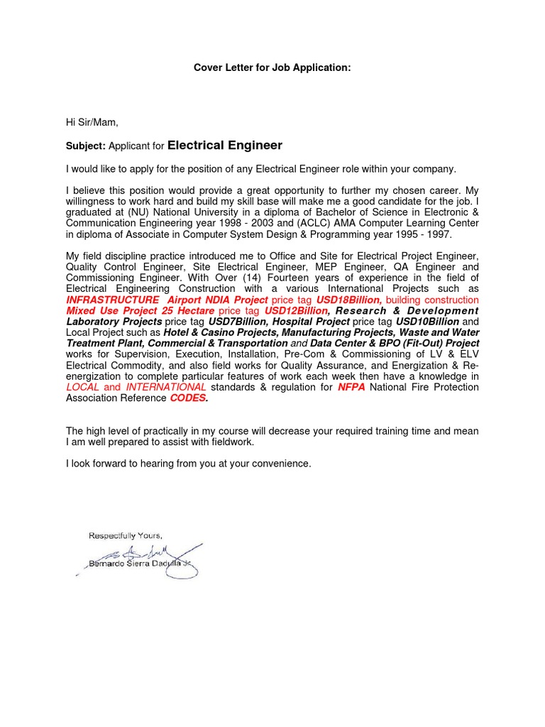 Electrical Engineer: Cover Letter For Job Application | PDF | Quality ...