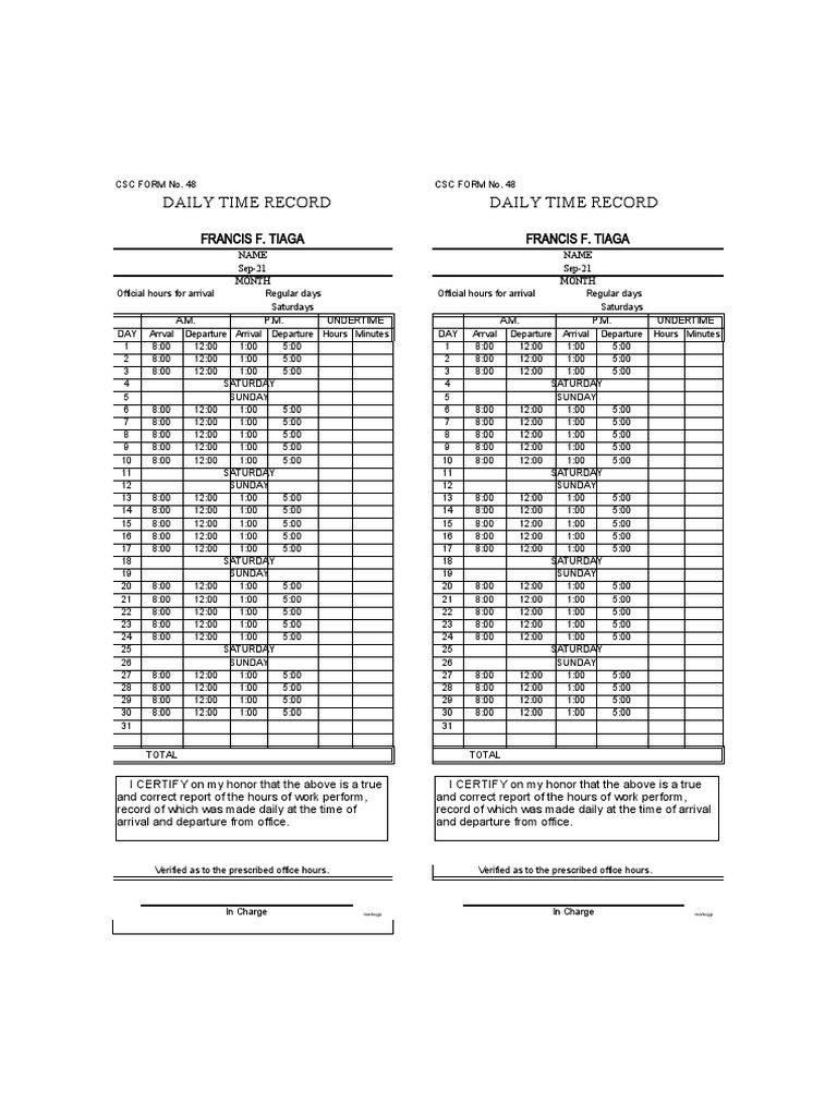 CSC Form 48 Daily Time Record Template | PDF