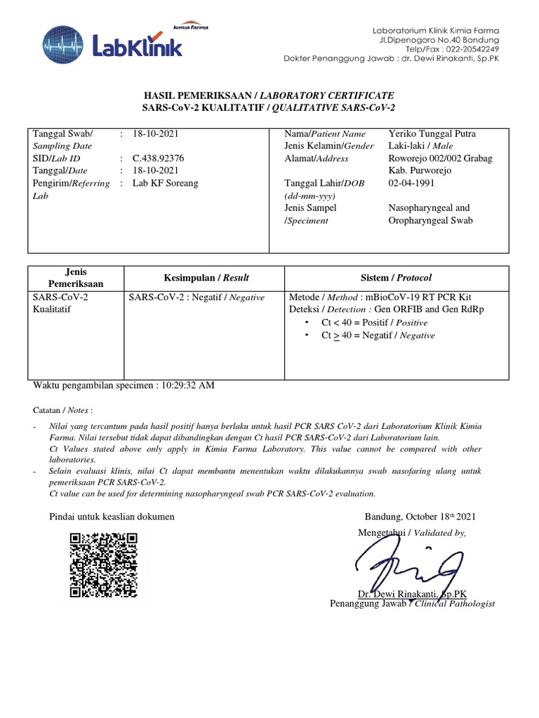 Laboratory Certificate of Yeriko Tunggal Putra - 18102021 | PDF