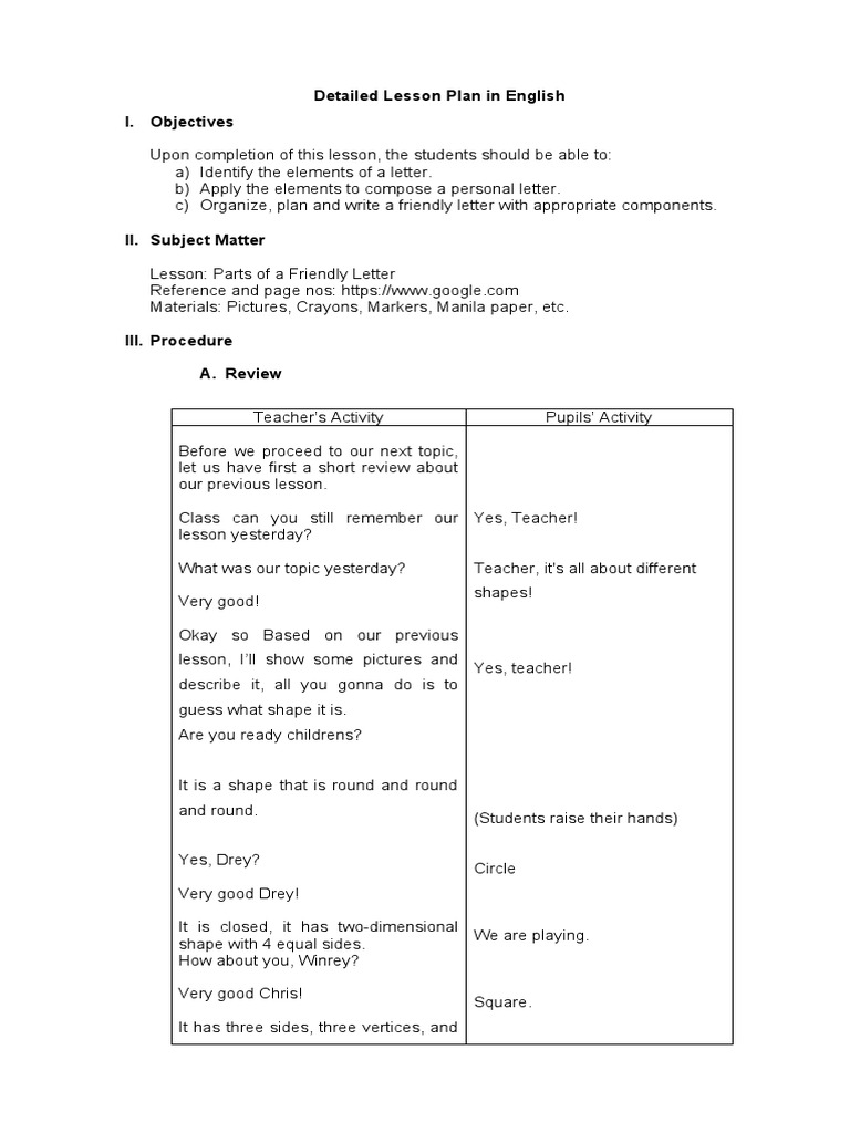 Detailed Lesson Plan in English I. Objectives | PDF | Shape | Lesson Plan