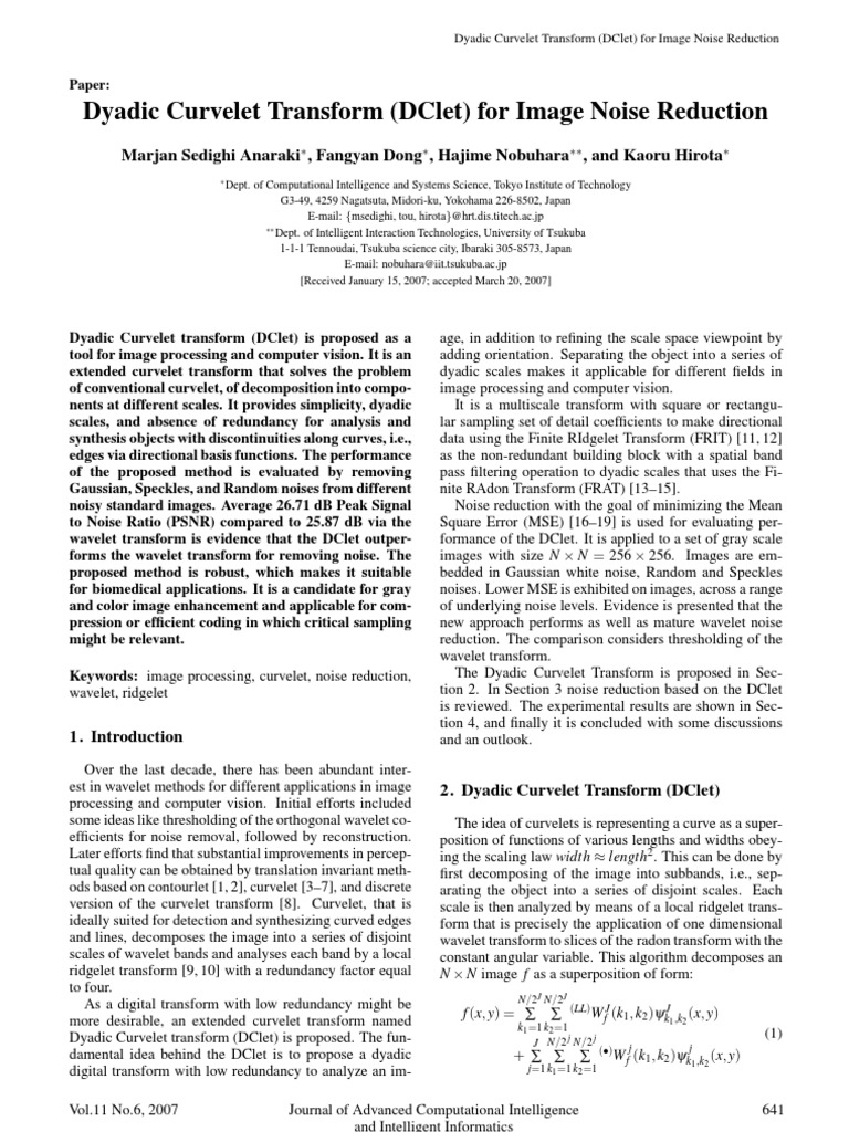 An Efficient Dyadic Curvelet Transform for Image Noise Reduction | PDF | Wavelet | Computer Vision