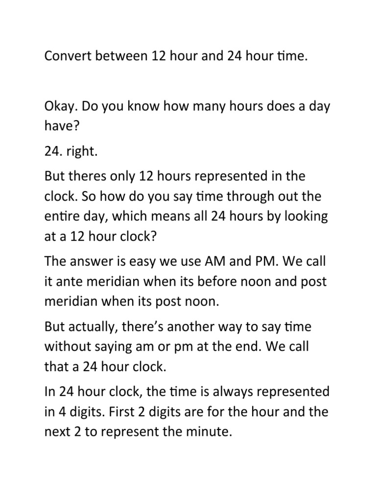 Convert Between 12 Hour and 24 Hour Time | PDF