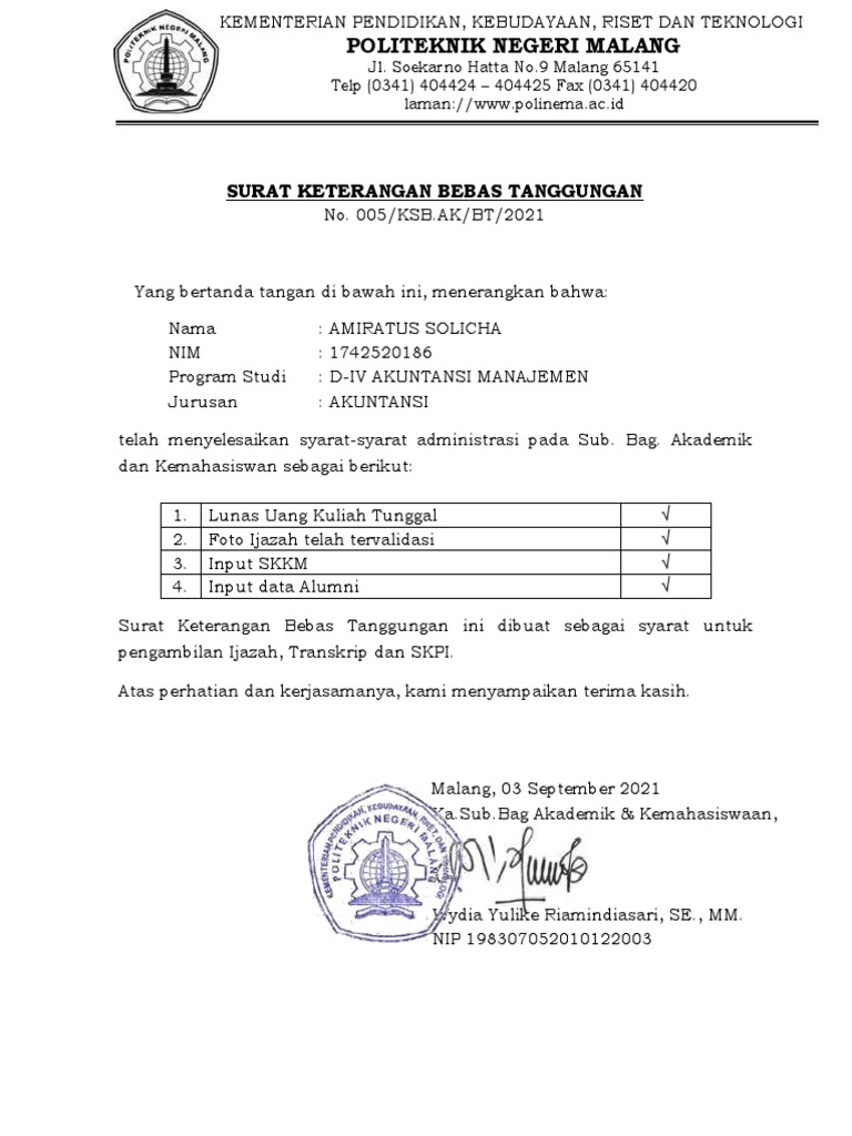 Surat Bebas Tanggungan Polinema | PDF | Bisnis | Pengelolaan Keuangan ...