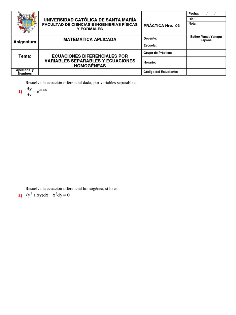 Práctica 3 Variables Separables y Homogeneas | PDF | Ecuaciones | Matemáticas