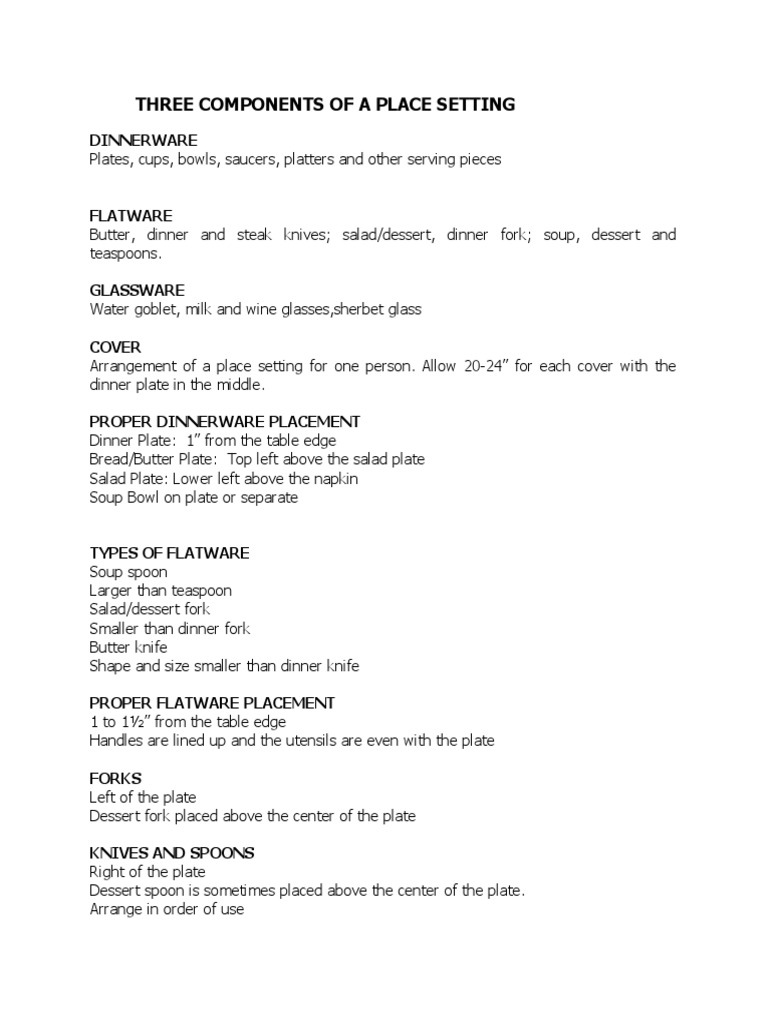 Three Components of A Place Setting | PDF