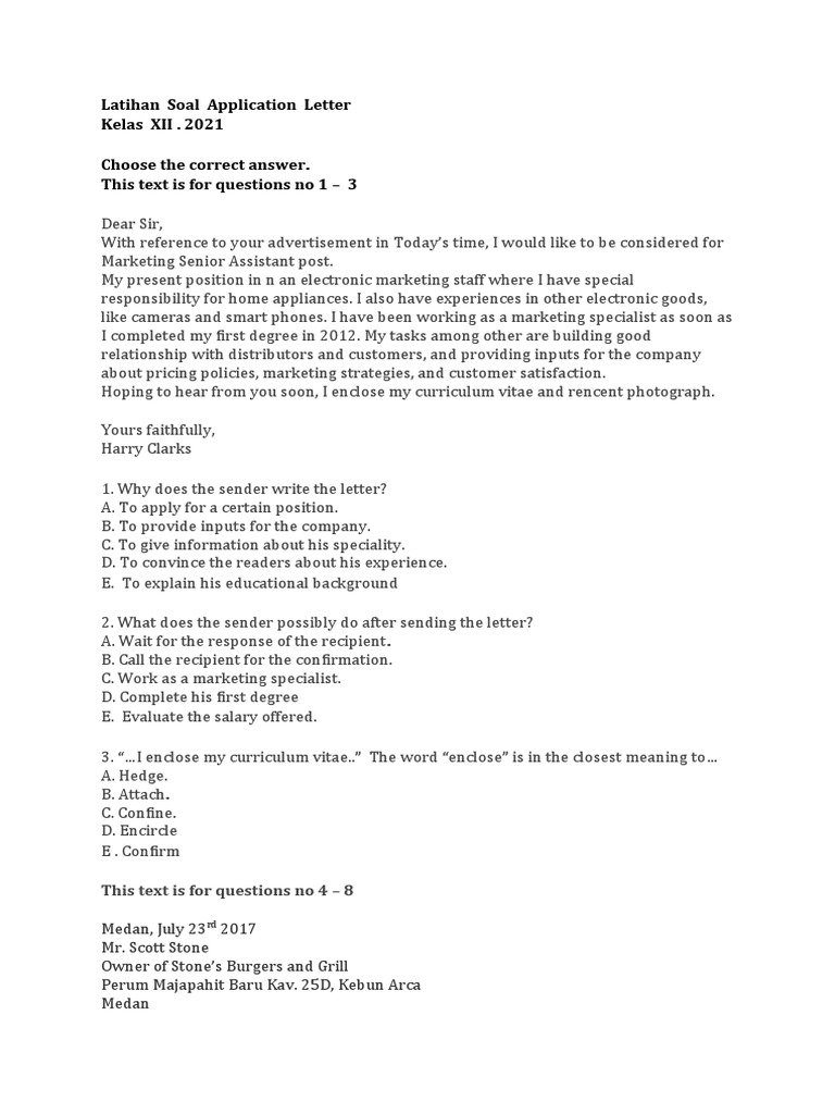 Application Letter Practice Questions | PDF | Chef