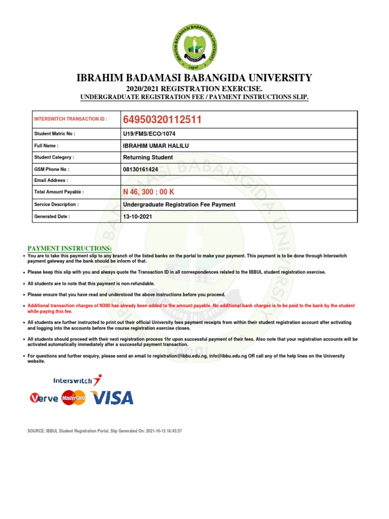 IBBUL Undergraduate Registration Fees for 2020/2021 | PDF | Fee | Payments