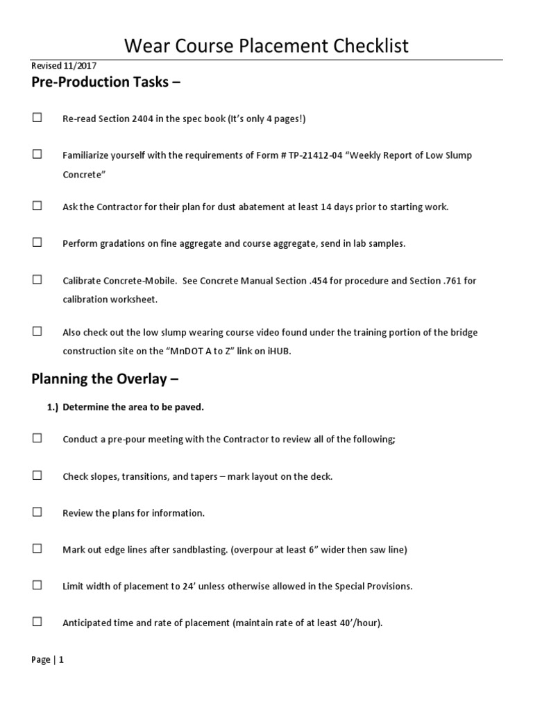 Wear Course Placement Checklist | PDF | Concrete | Materials