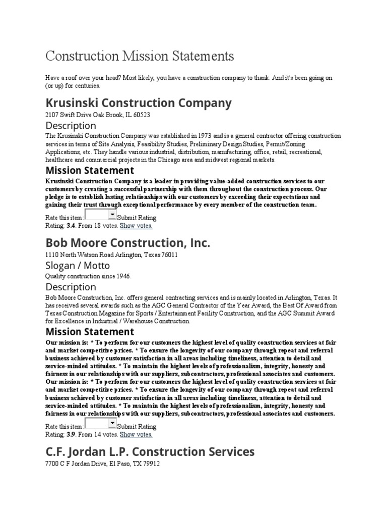 Construction Mission Statements | PDF | General Contractor | Project ...