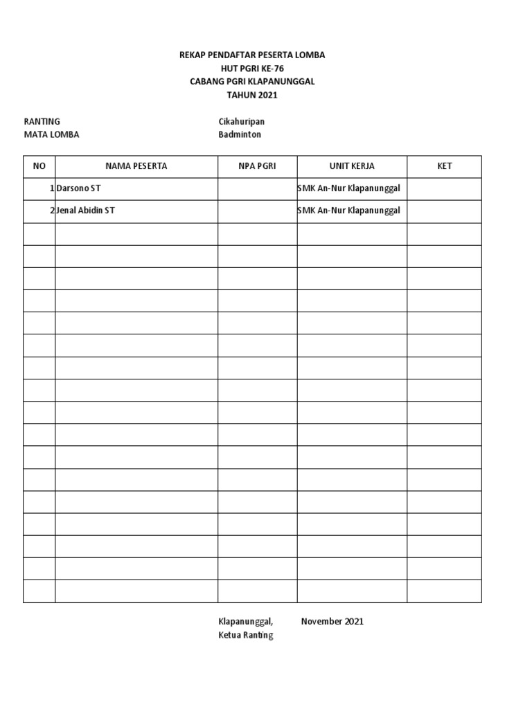 Form Pendaftran Lomba Pgri-2 | PDF