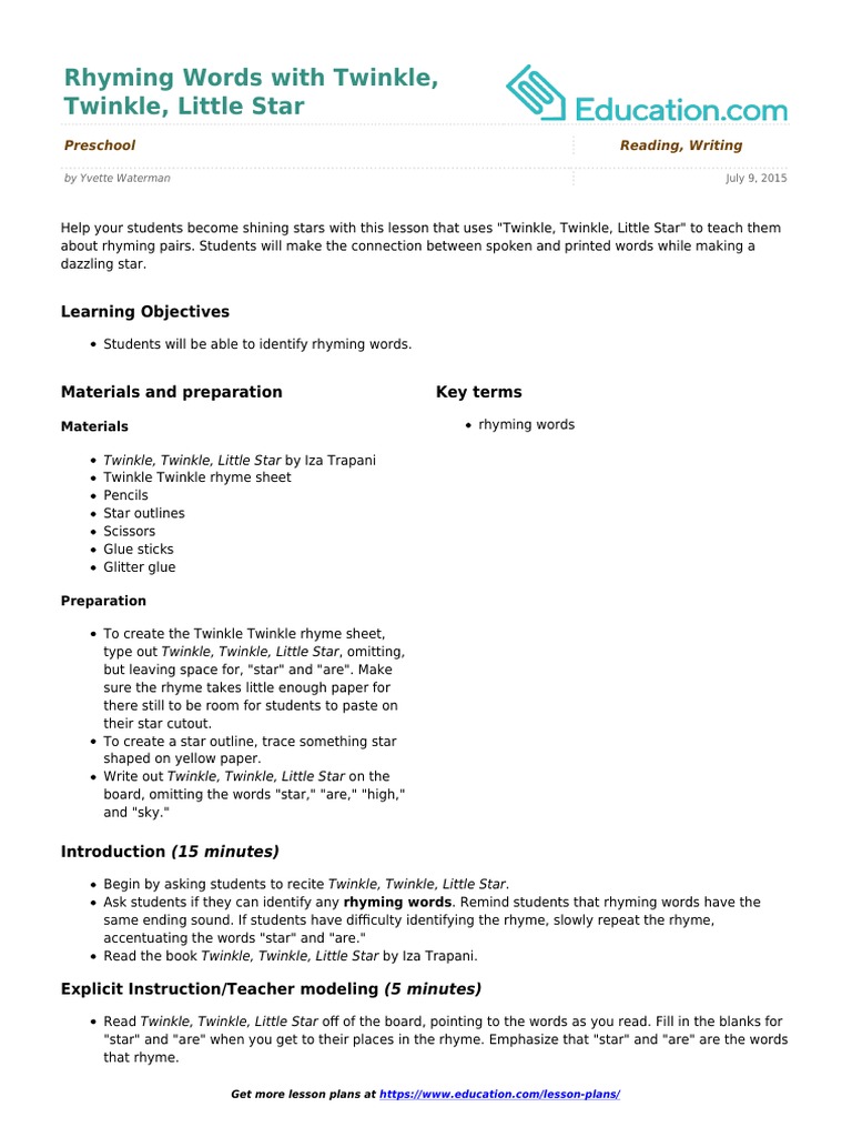 Rhyming Words with "Twinkle, Twinkle, Little Star | PDF | Teaching ...