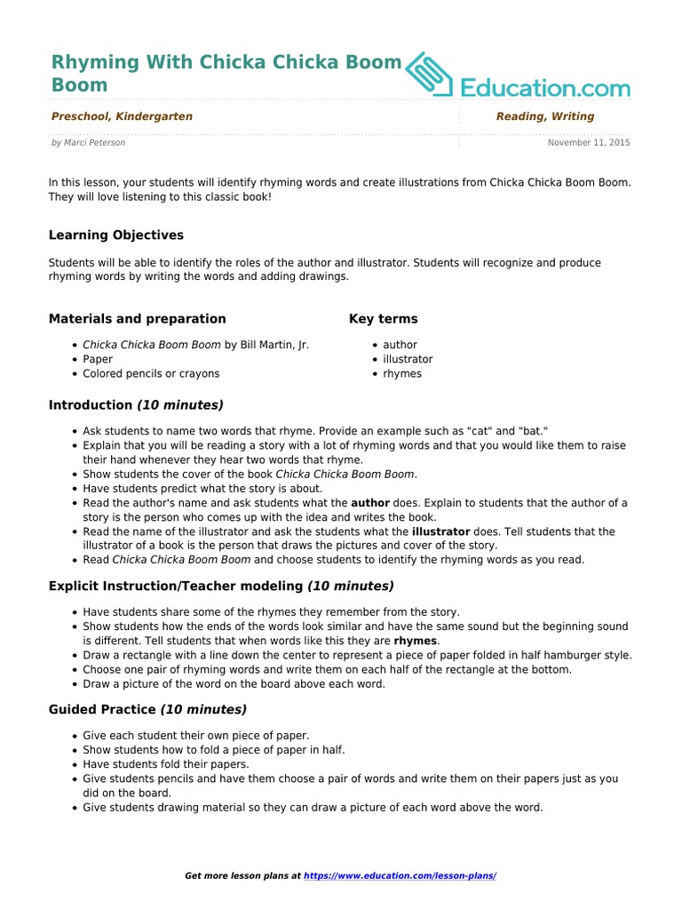 Rhyming With Chicka Chicka Boom Boom: Learning Objectives | PDF | Books ...