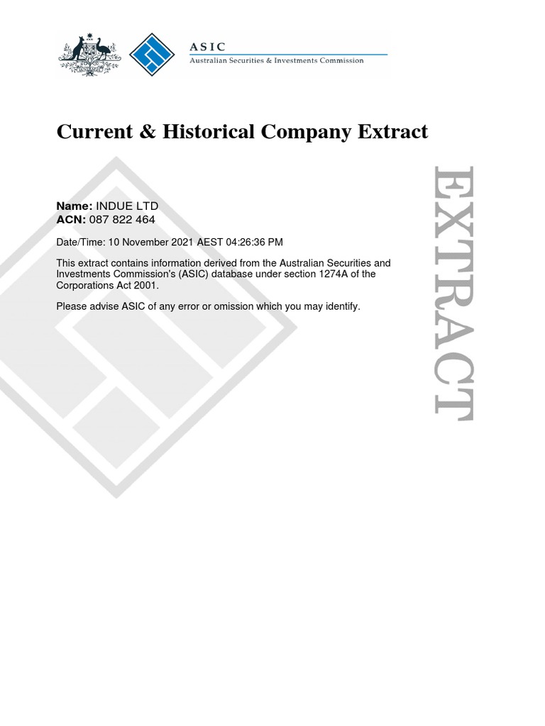 INDUE LIMITED - Current & Historical Company Extract | PDF | Corporate ...
