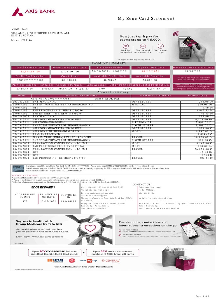 My Zone Card Statement: Payment Summary | PDF | Payments | Financial ...