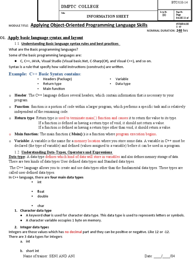 Apply Oopl Skills Pdf Class Computer Programming Namespace