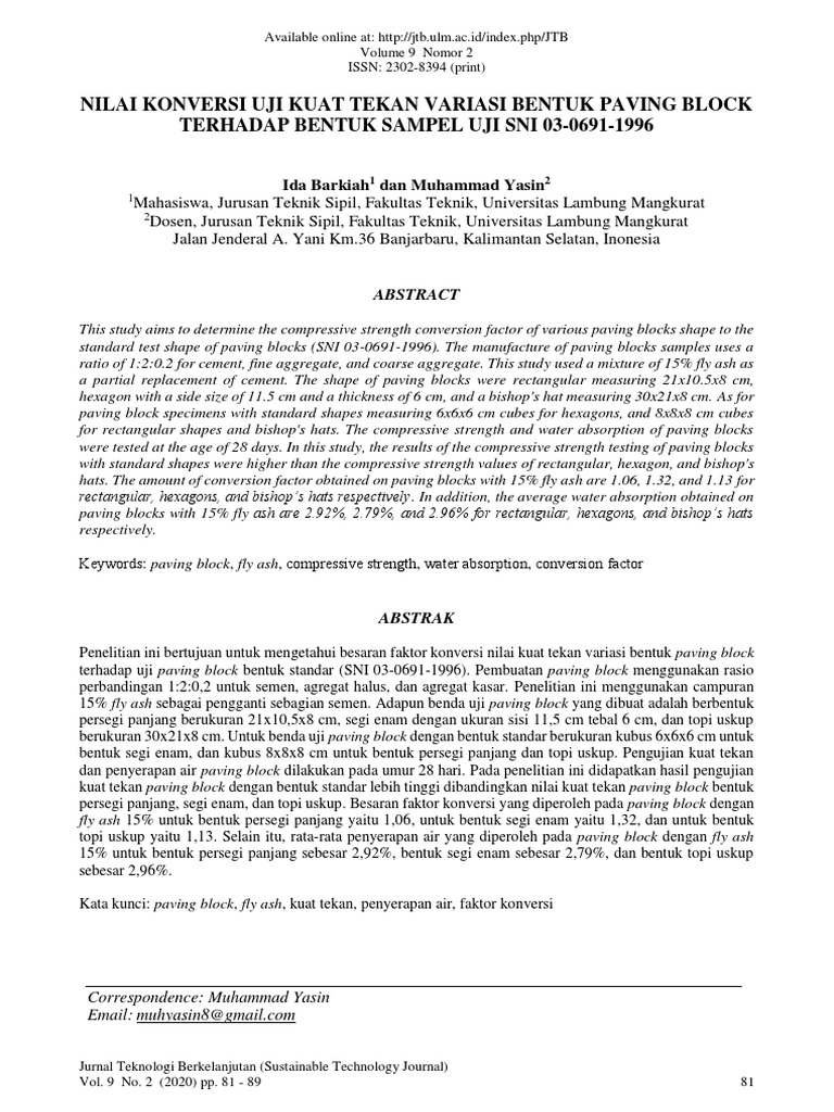 Nilai Konversi Uji Kuat Tekan Variasi Bentuk Paving Block Terhadap Bentuk Sampel Uji Sni 03-0691 ...