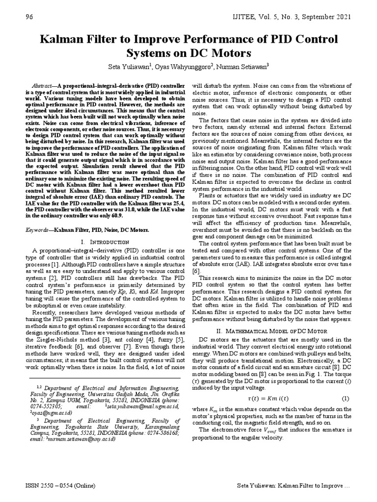 Kalman Filter To Improve Performance of PID Control Systems On DC ...