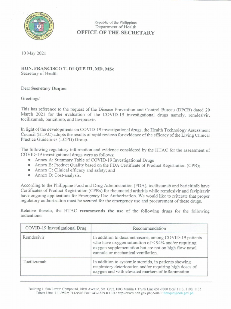 Signed by OSEC HTAC Recommendations On COVID 19 Investigational Drugs ...