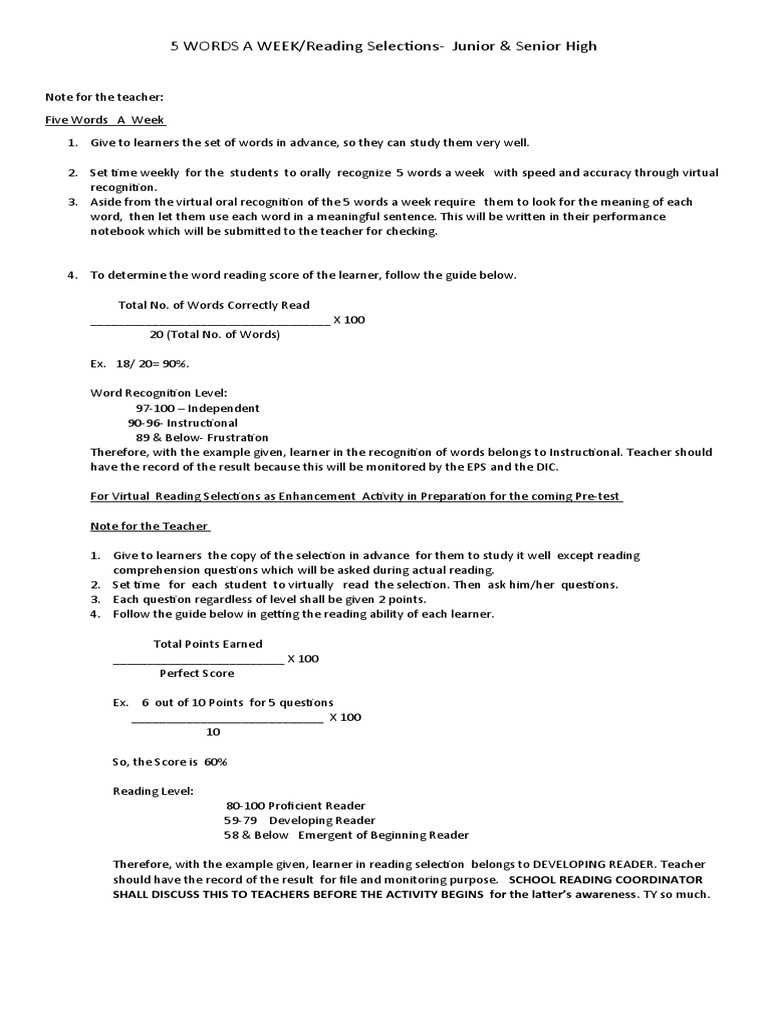 5 WORDS A WEEK/Reading Selections-Junior & Senior High | PDF | Reading ...