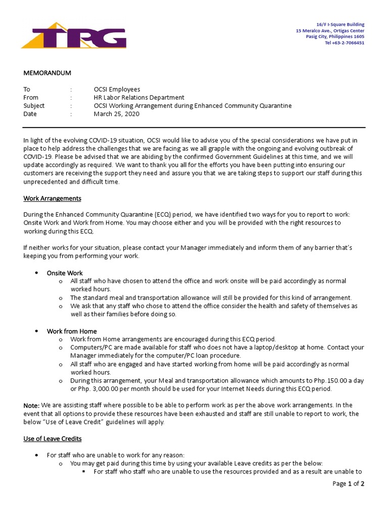MEMO - OCSI Working Arrangements During Enhanced Community Quarantine | PDF