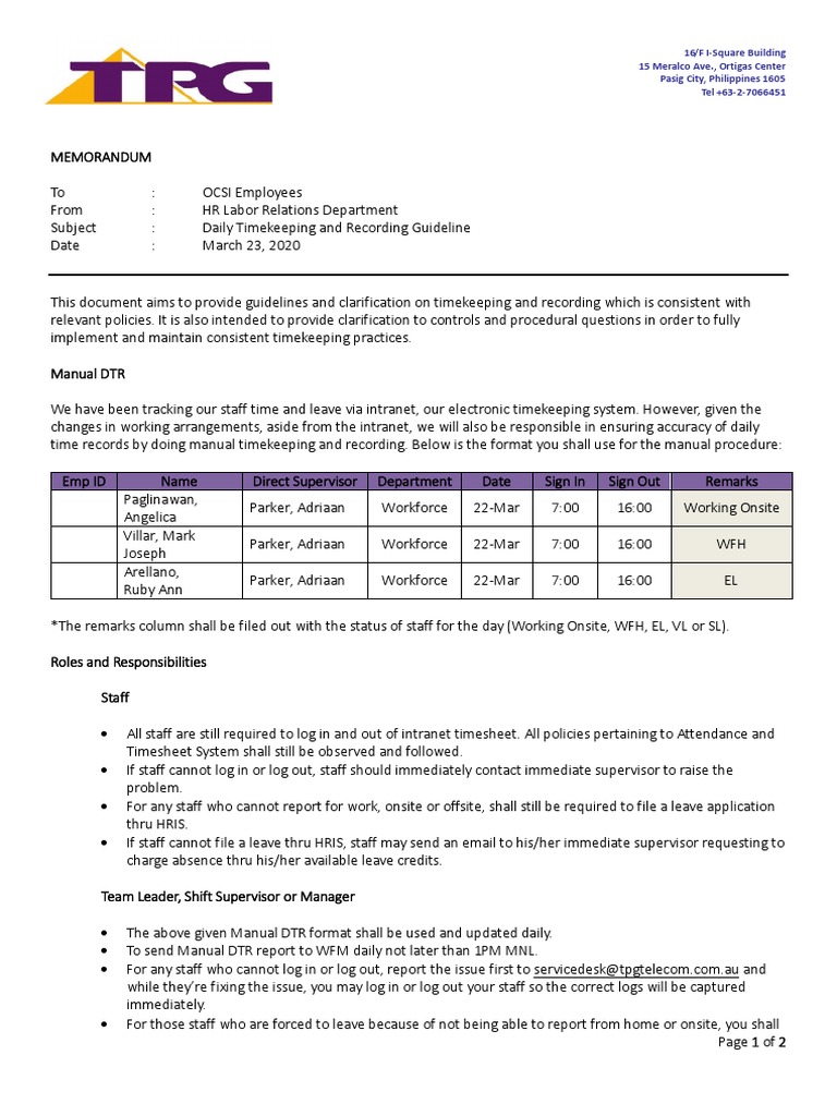 (MEMO) Daily Timekeeping and Recording Guideline | PDF | Government