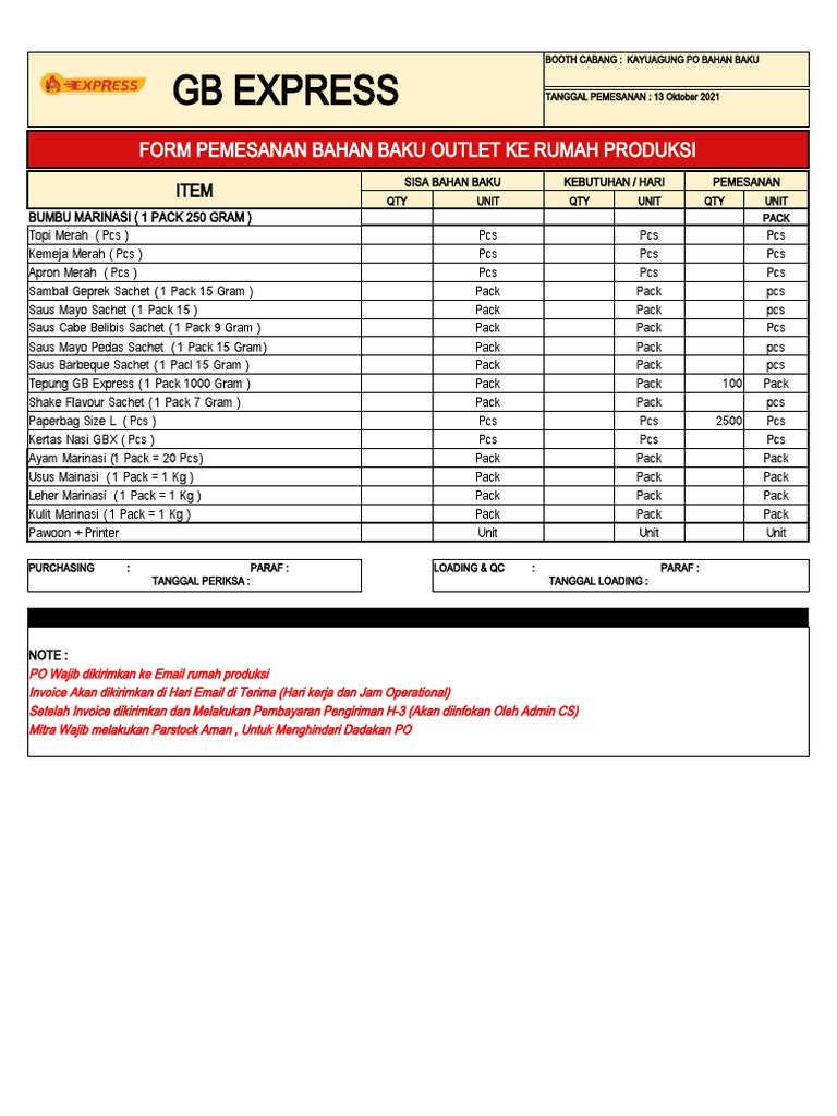 FORM PO BAHAN BAKU - GB EXPRESS (Baru) | PDF