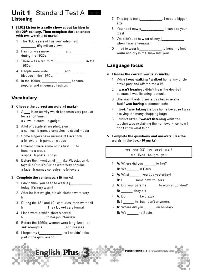 Unit 1 Standard Test A: Listening | PDF