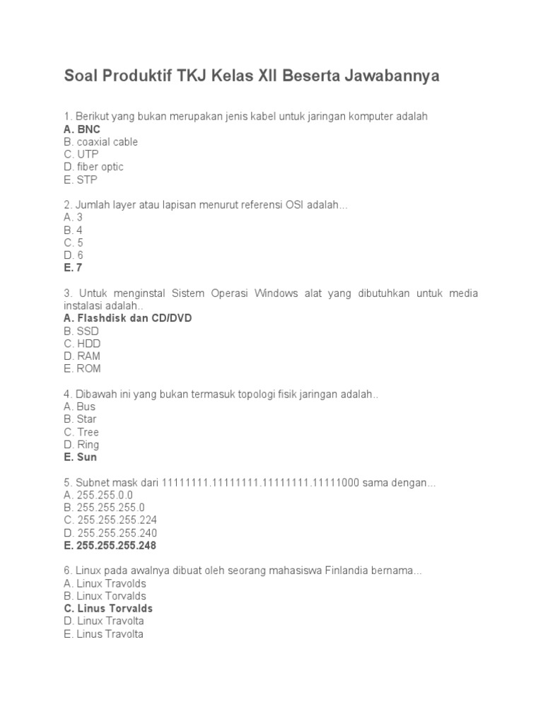 Soal Produktif TKJ Kelas XII Beserta Jawabannya | PDF