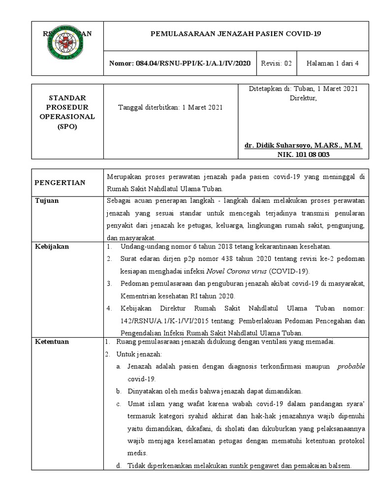 Sop Perawatan Jenazah Pasien Infeksius Covid Fix 2021 | PDF