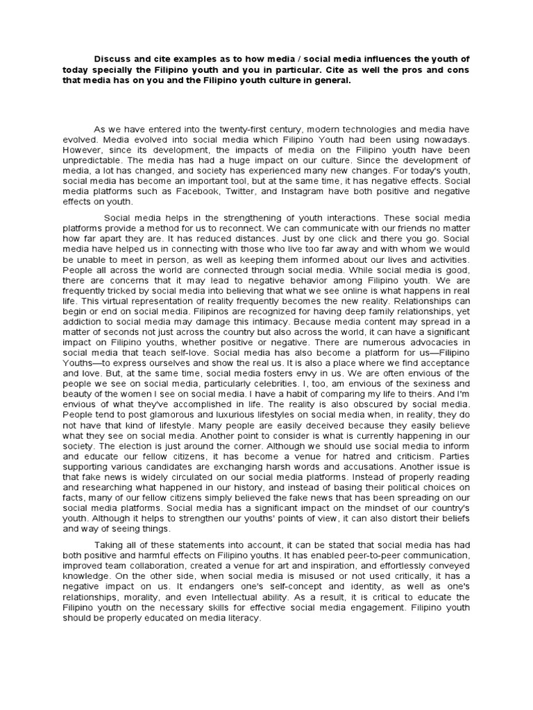 ESSAY On The Media and The Youth | PDF | Popular Culture & Media ...
