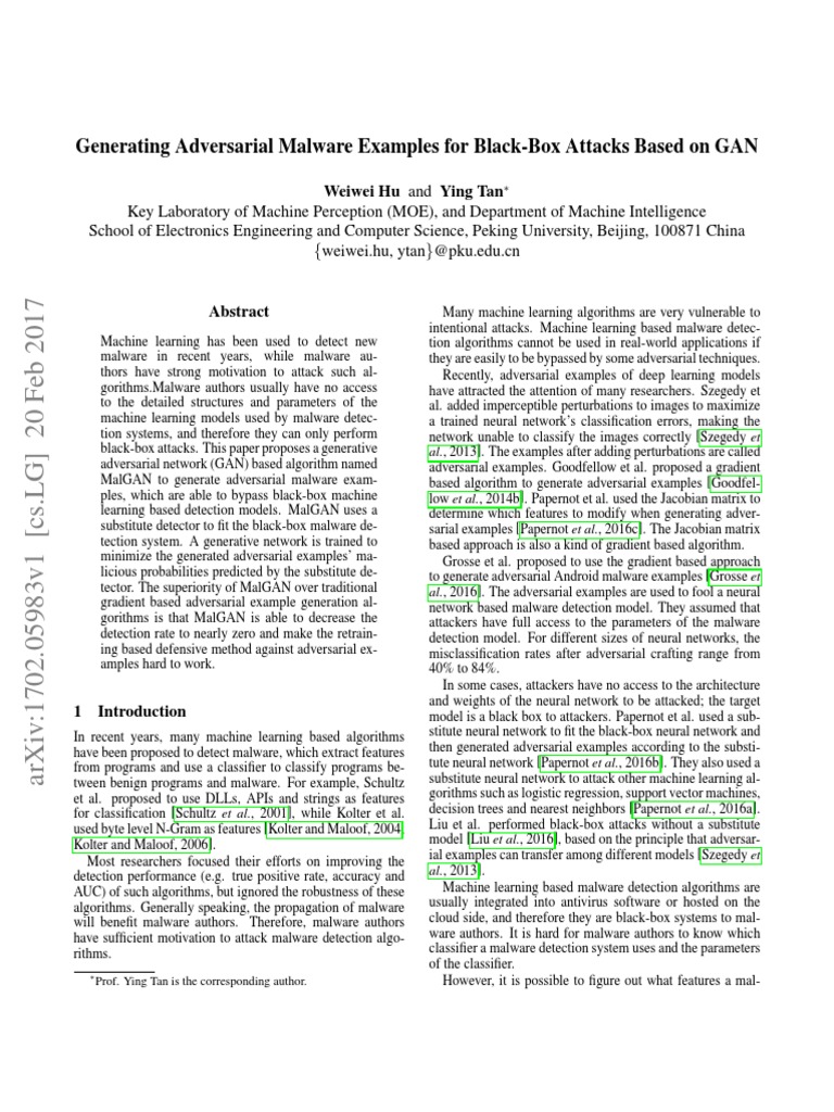 Generating Adversarial Malware Examples For Black-Box Attacks Based On GAN | PDF | Artificial ...