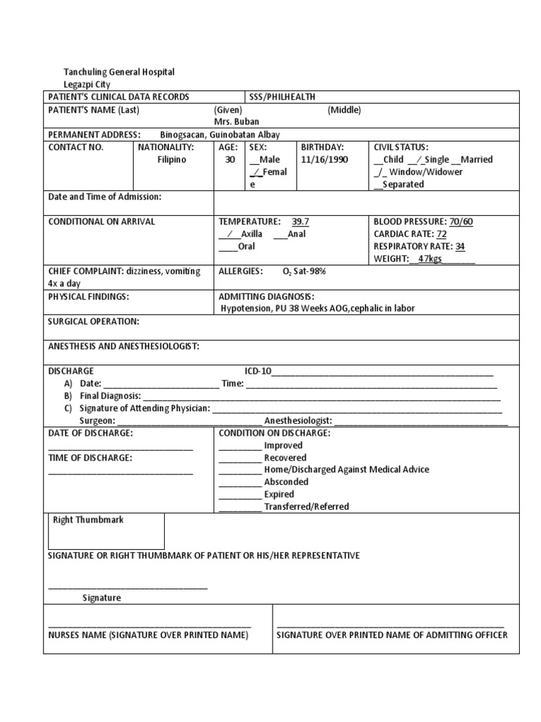 Tanchuling Patient Chart | PDF | Anesthesia | Surgery