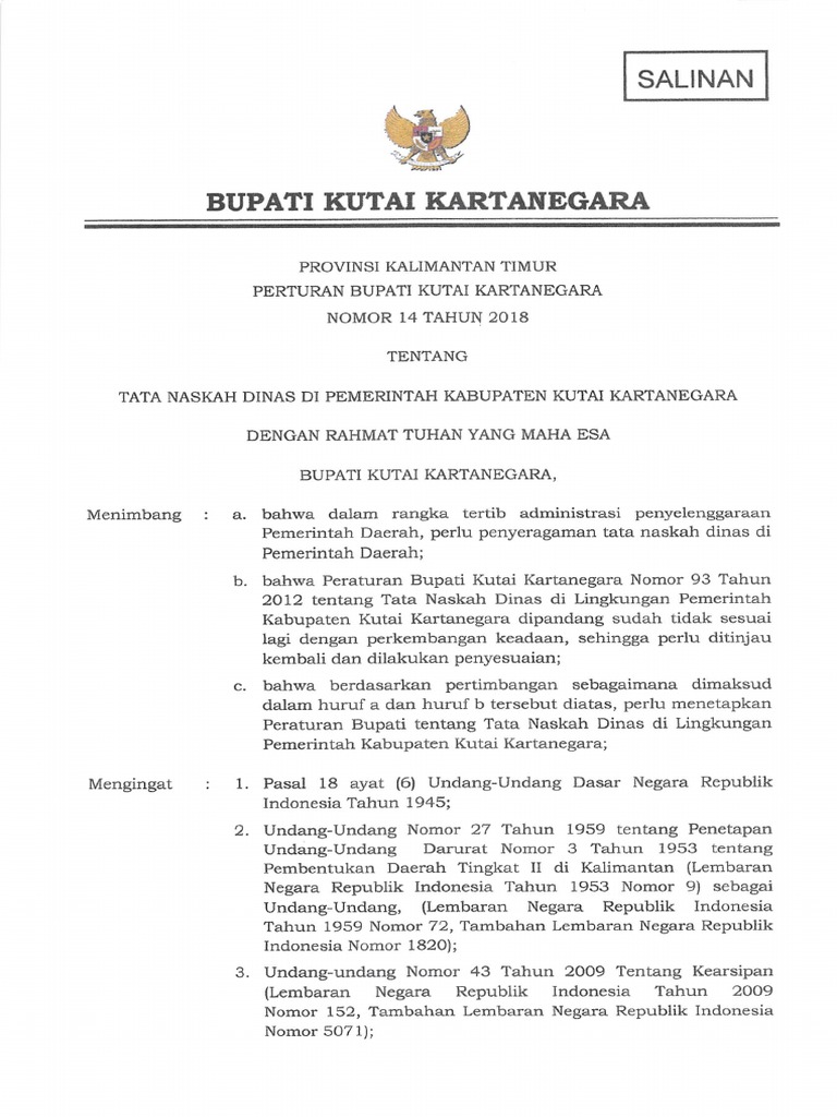 Perbup No 14 Tahun 2018 Tentang Tata Naskah Dinas Di Pemerintah ...