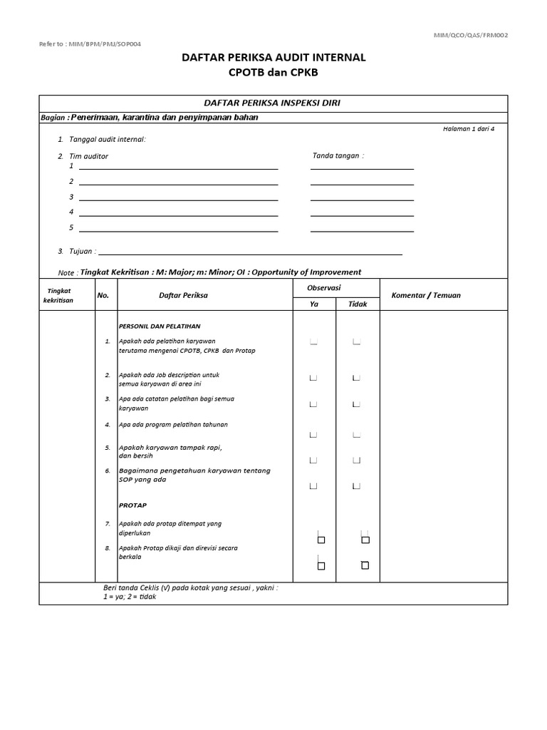 Daftar Periksa Audit CPKB Dan CPOTB | PDF