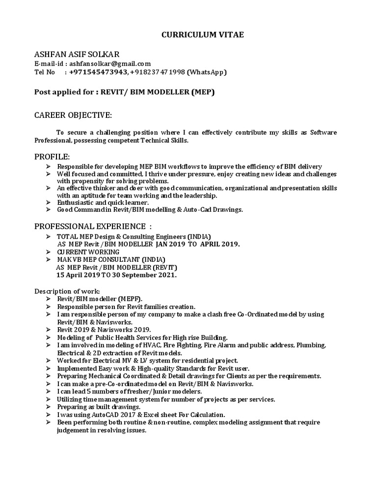 Curriculum Vitae Ashfan Asif Solkar: Post Applied For Revit/ Bim ...